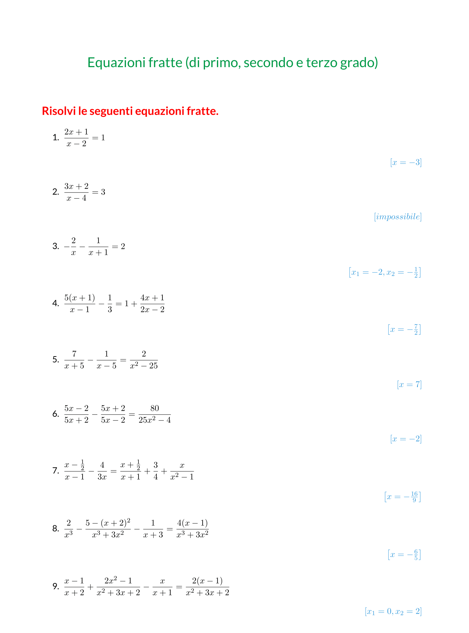 Equazioni lineari numeriche fratte: risoluzione ed esercizi
